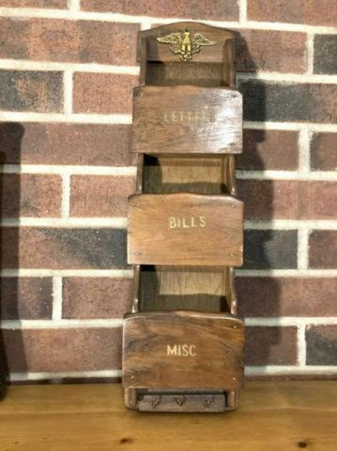 VERY OLD Wooden Letter Holder With Key Holder and Brass Emblem, 3 Slot ...