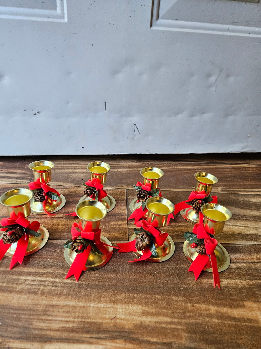 Christmas Holiday Metal With Ribbons and Cones Candle Holders, Lot of 8 ...