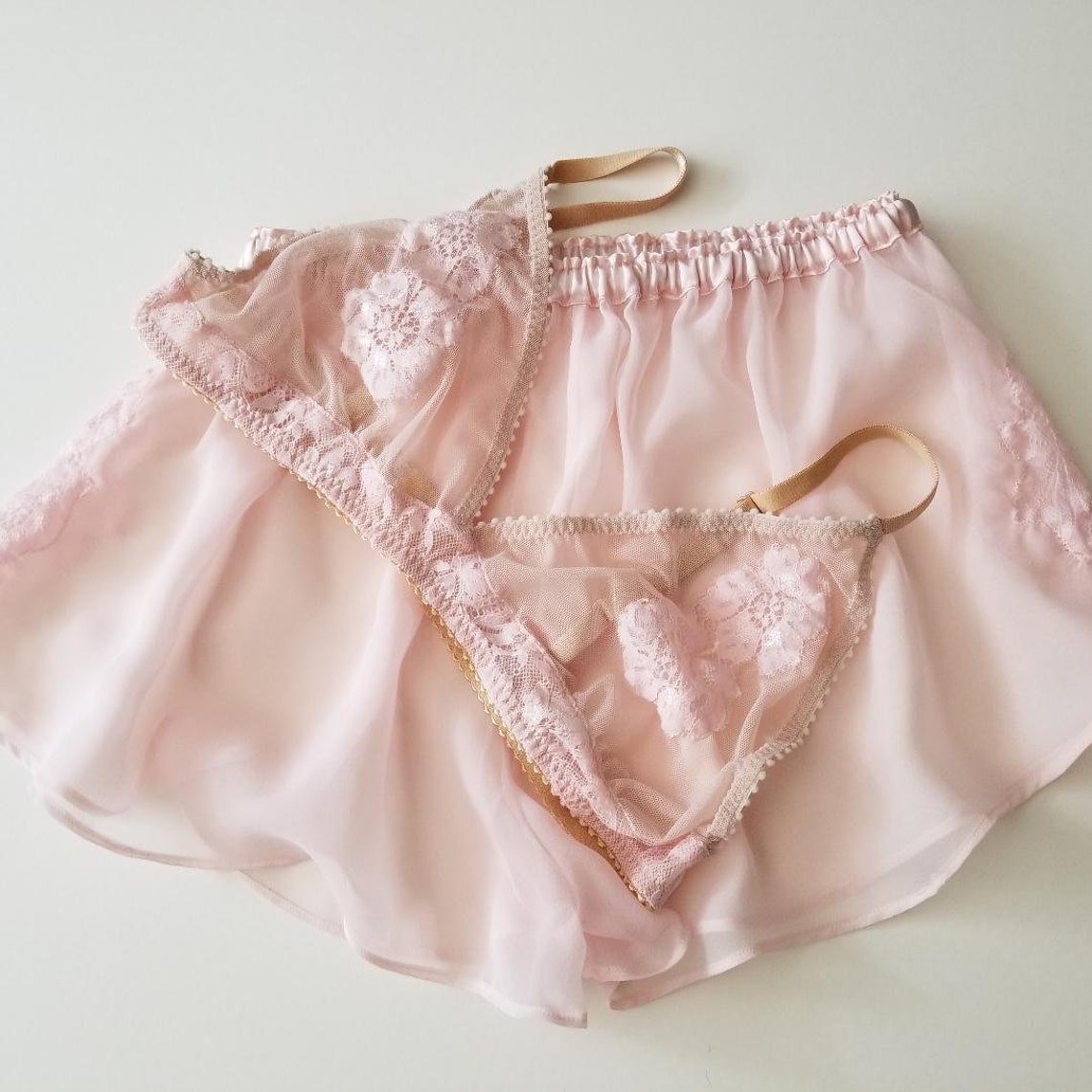 Hand Made Vintage Style Pale Pink Silk Chiffon and Silk Satin Tap Pants ...
