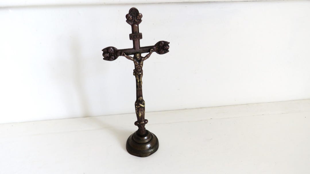 Antique French Bronze Mission Crucifix, Standing Cross Souvenir of ...