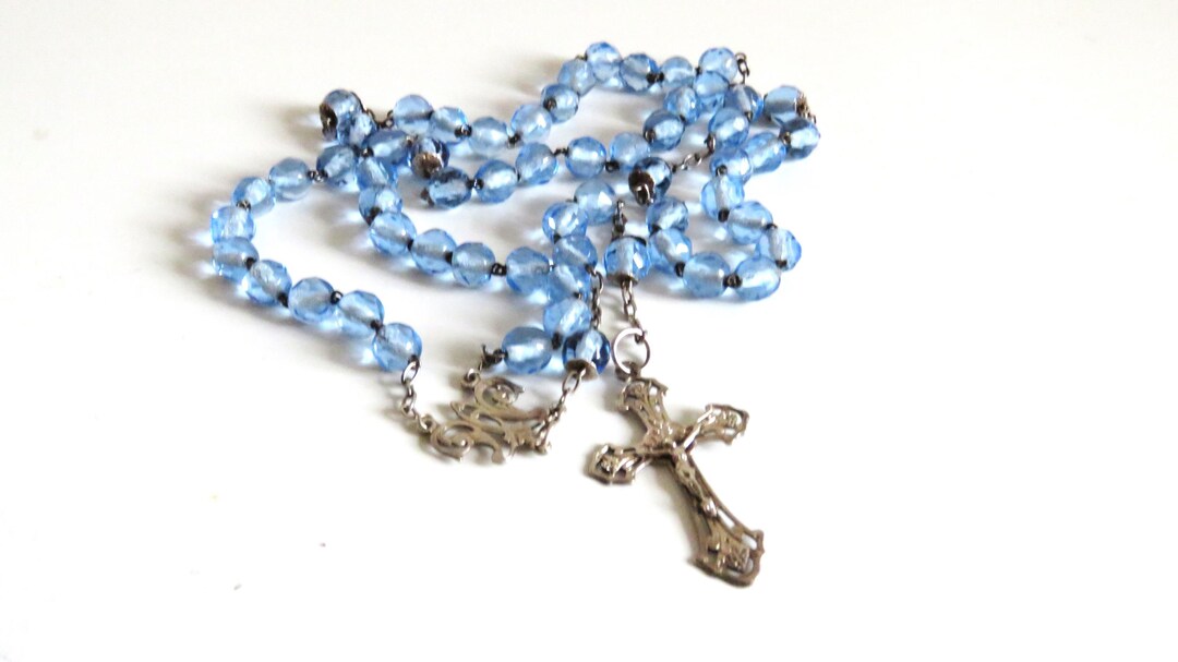 Antique French Silver Rosary: Sky Blue Glass Beads, Art Nouveau ...