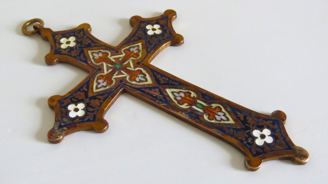 Vintage French Enamel and Brass Cloisonné Pectoral Cross, Clergy Enamel ...