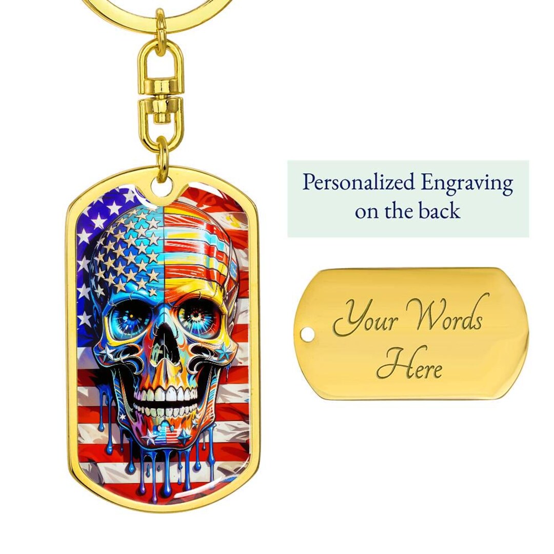 Personalized Patriotic Skull Keychain American Flag Dog Tag Key Ring ...