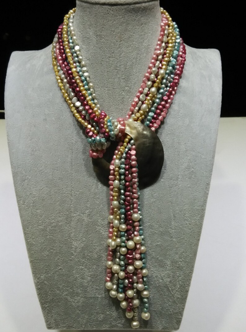 5 Rows Multi Color Strands Freshwater Pearl Necklace With Big Etsy