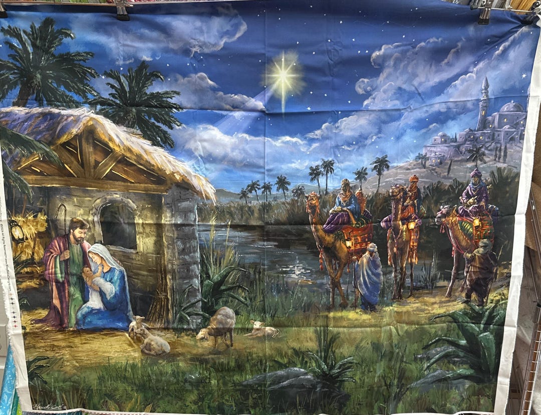 Christmas Wishes Nativity Scene Panel. Amazing Santa and Tree With ...