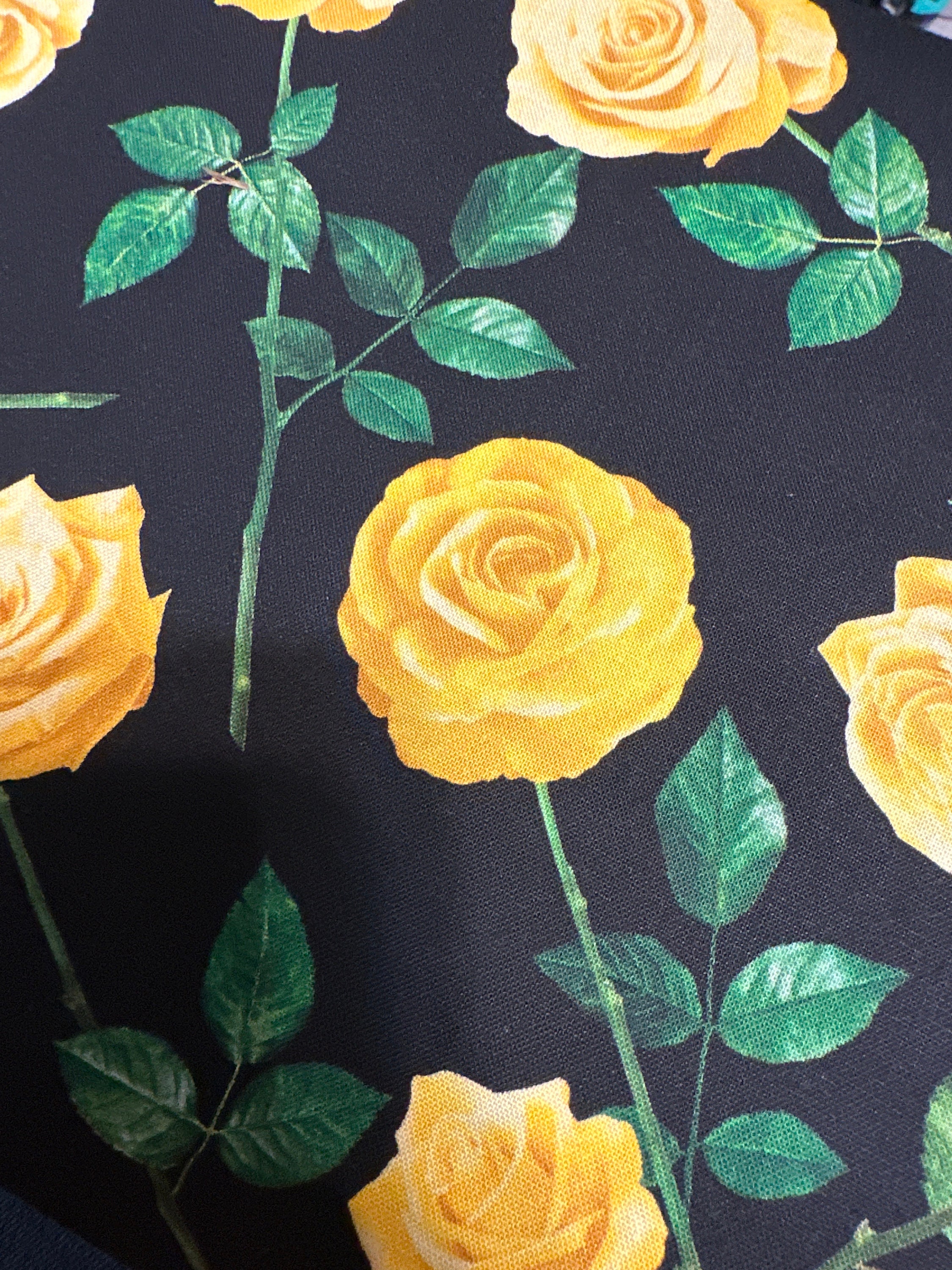 Single Yellow Rose Garden Black 45. Cotton Fabric for Quilts or ...