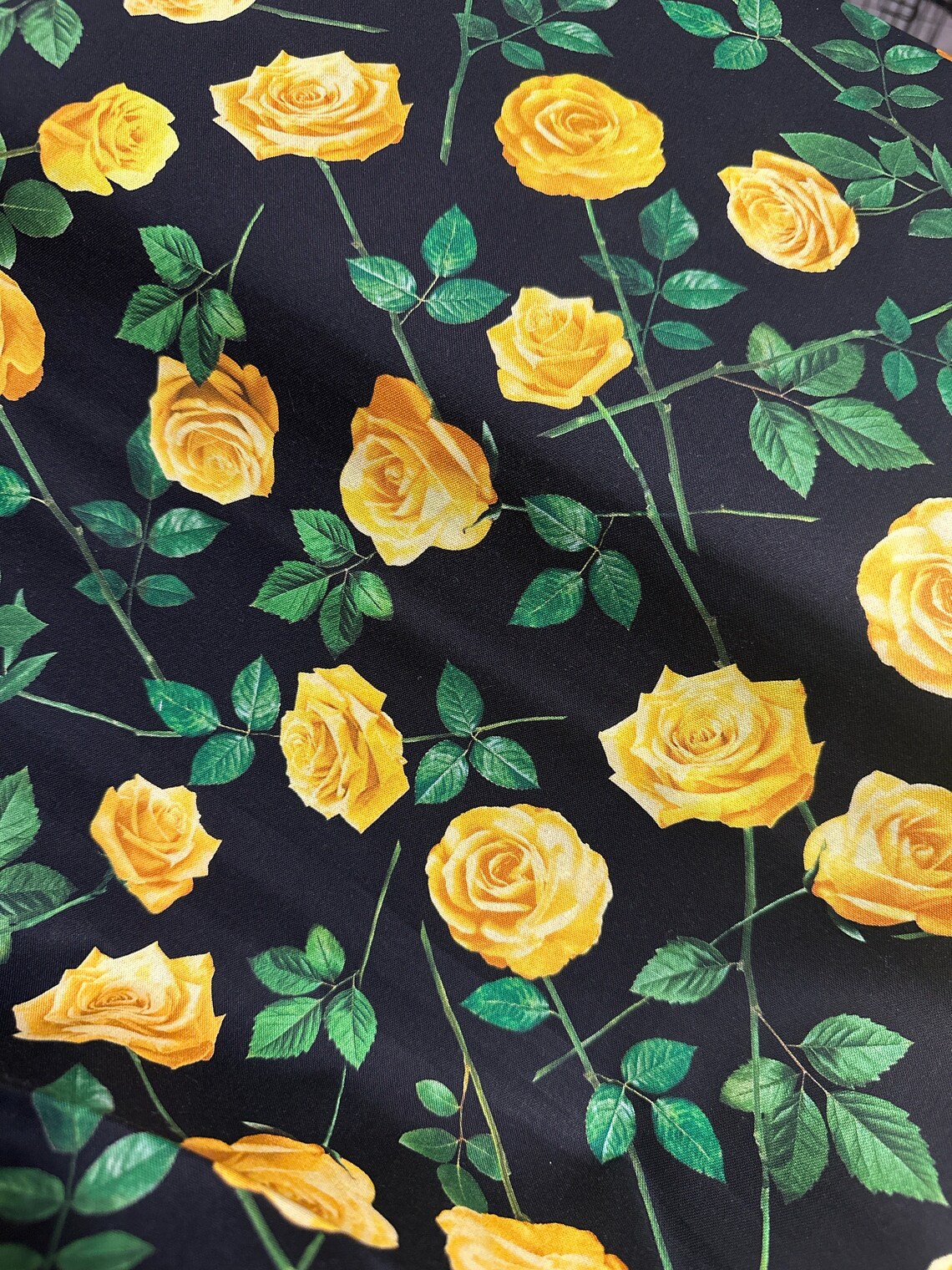 Single Yellow Rose Garden Black 45. Cotton Fabric for Quilts or ...