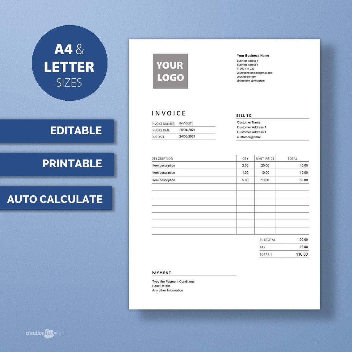 INVOICE Editable Fillable PDF. Auto Calculate Fields. Instant - Etsy