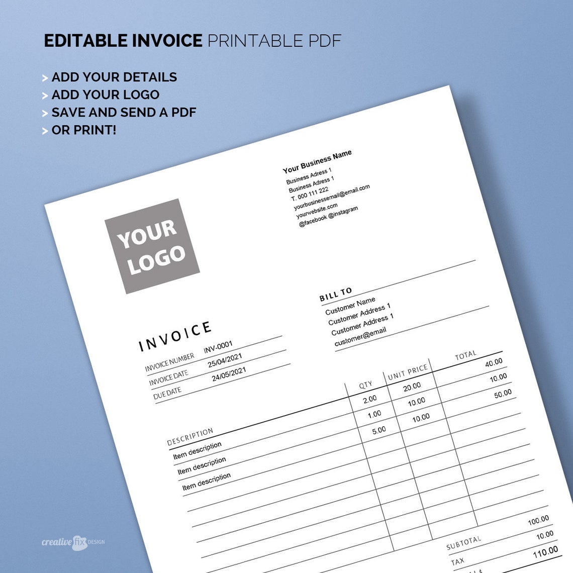 INVOICE Editable fillable PDF. Auto calculate fields. Instant | Etsy