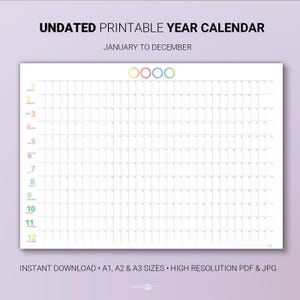 Perpetual Year Wall Planner. PRINTABLE Year Calendar. Undated Large ...