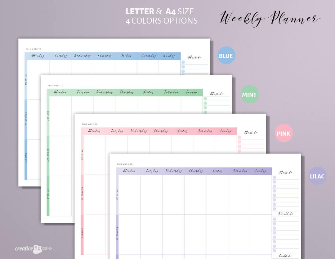 WEEKLY Planner Printable. One Page Week Plan. Priority to Do List Color ...