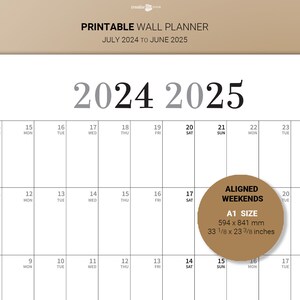 2024/25 Wall Calendar JULY to JUNE. PRINTABLE Midyear Large Planner ...