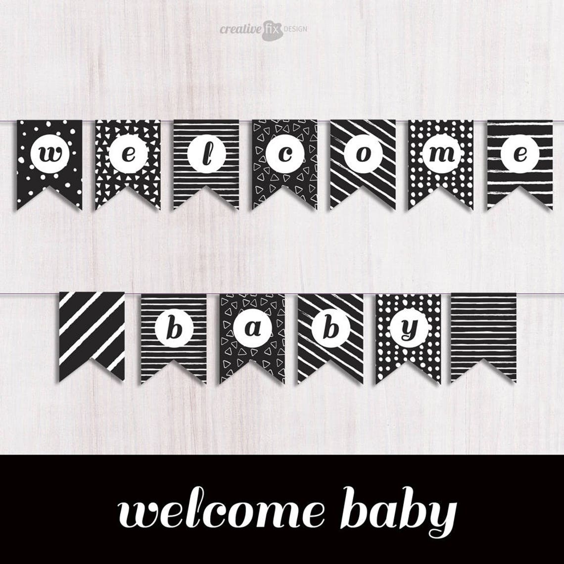 Welcome Baby PRINTABLE Black White Bunting. Baby Shower - Etsy
