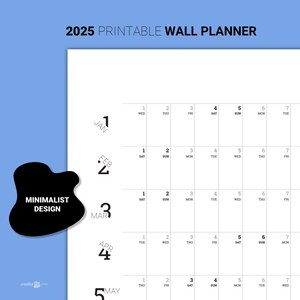 2025 Wall Planner. PRINTABLE Large Calendar 2025. Minimalist Black ...