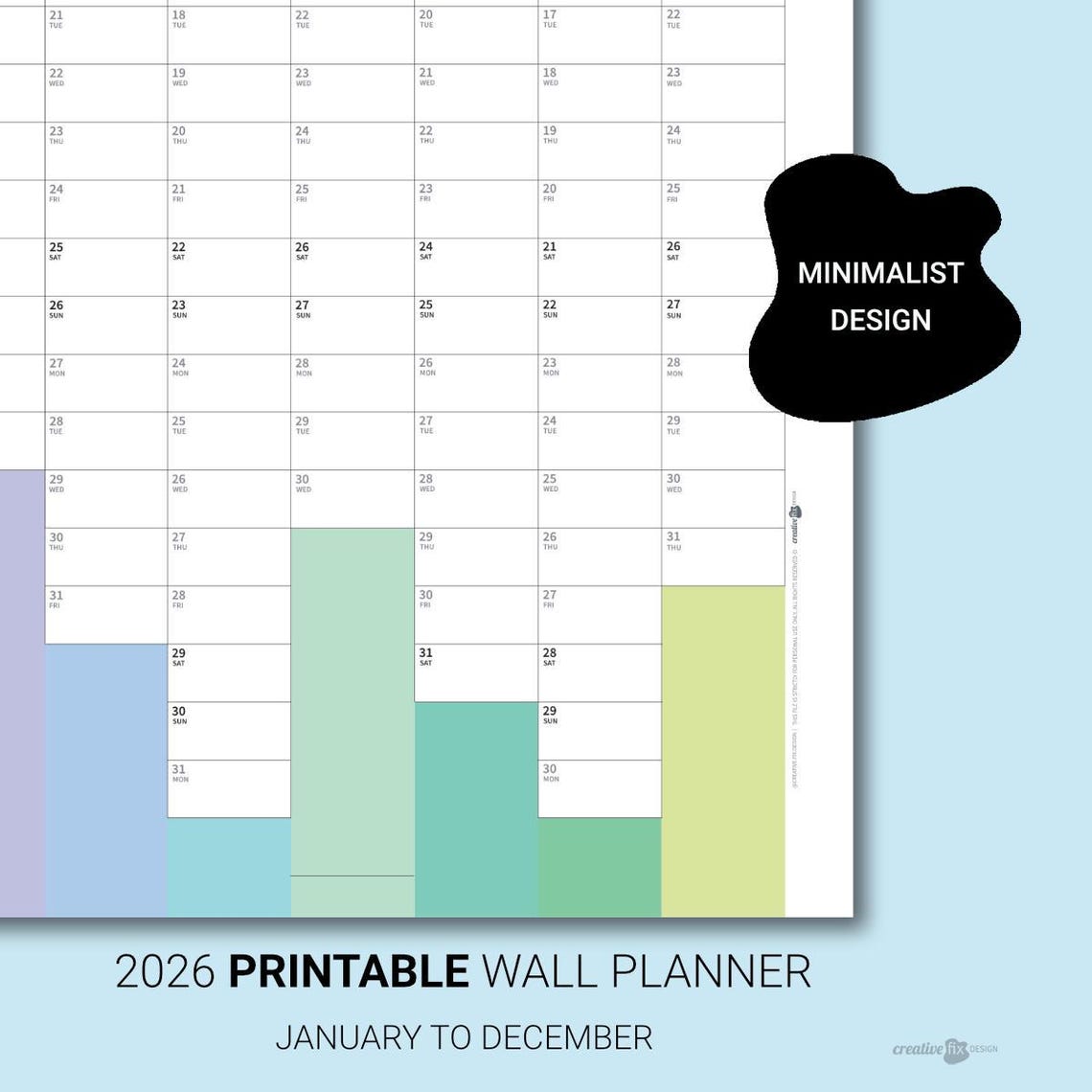 2026 Large Calendar. PRINTABLE Year Wall Planner. January to December ...