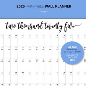 2025 Wall Planner. PRINTABLE Large Calendar 2025. Minimalist Black ...