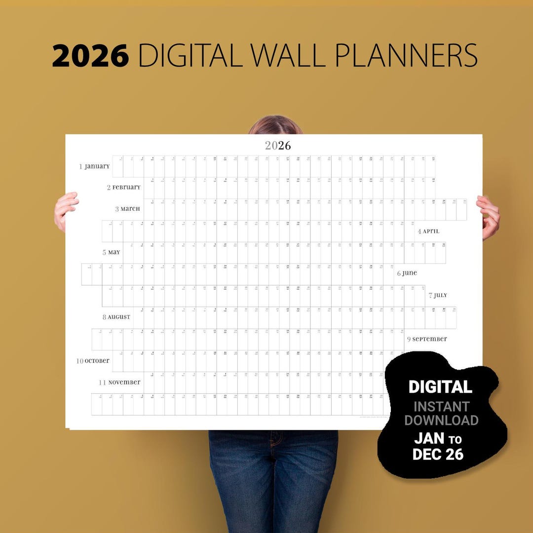 2026 Wall Planner. Black & White PRINTABLE Year Large Calendar. January ...