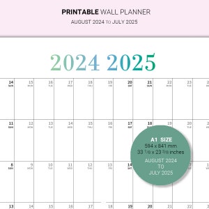 2024/25 Calendar AUGUST to JULY. PRINTABLE Midyear Large Wall Planner ...