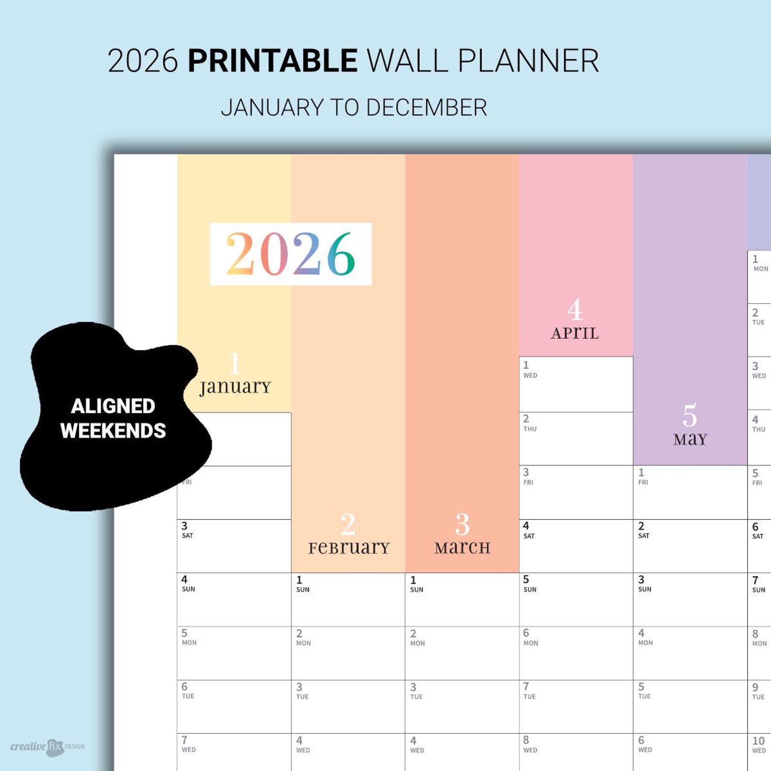 2026 Large Calendar. PRINTABLE Year Wall Planner. January to December ...