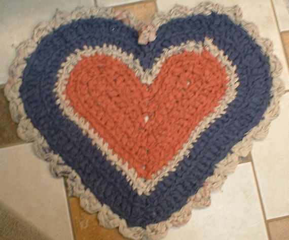 Crocheted Heart Navy Rust and Tan Rug - Etsy