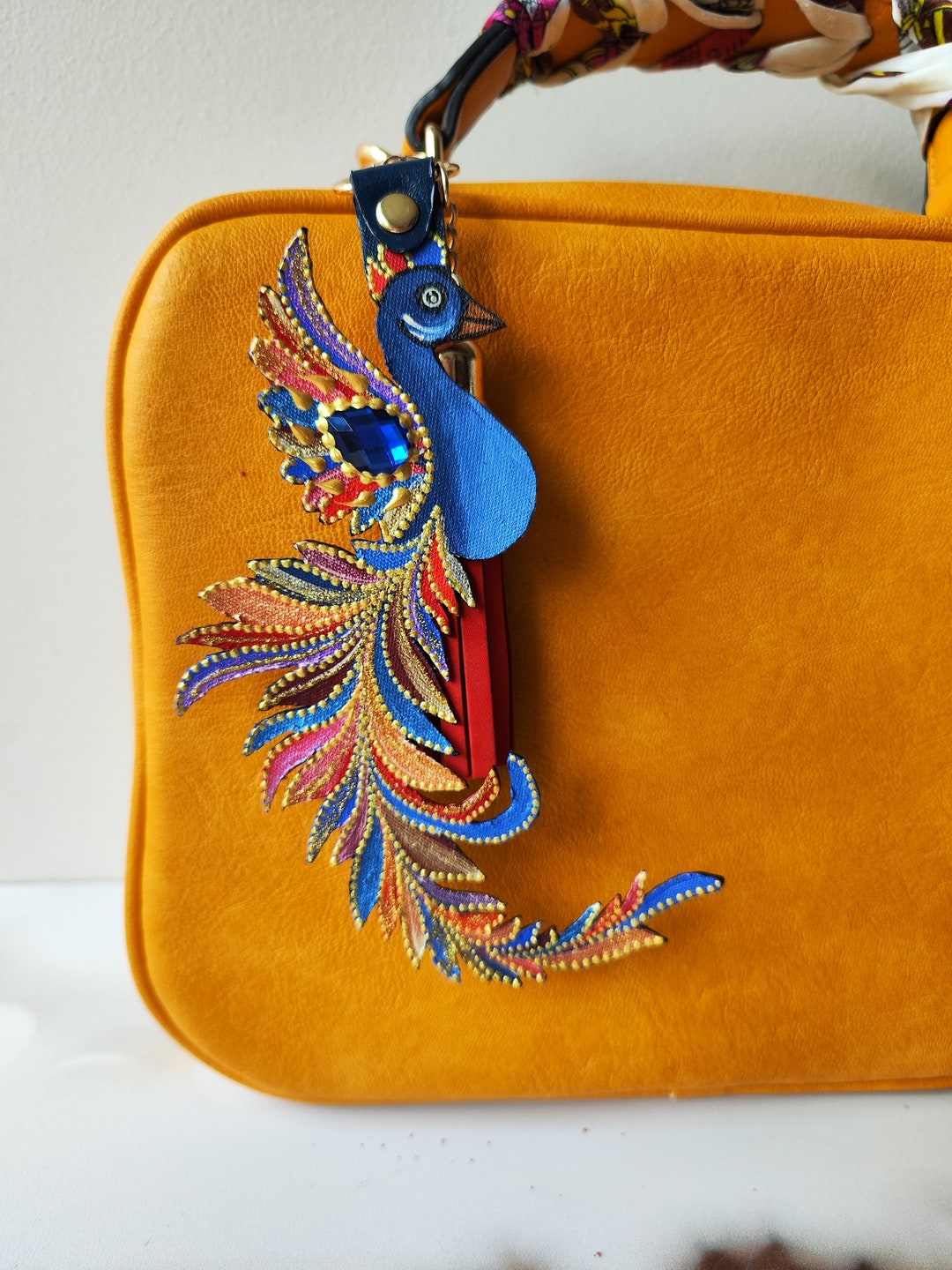 Leather Phoenix Bag Charm, Dainty Bird Purse Charm, Red and Gold ...