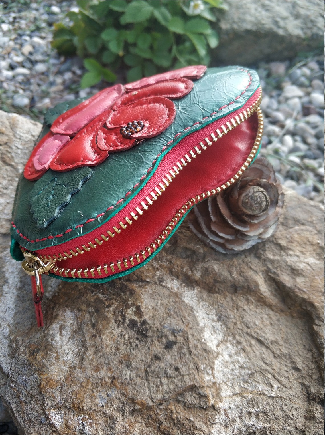 Leather Heart Purse With Rose Applique Red Rose Bag Unique - Etsy