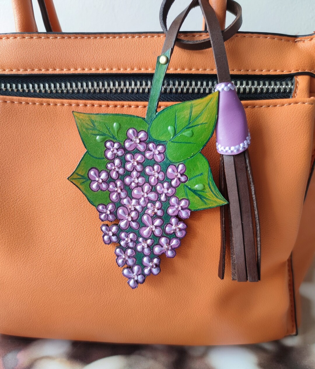 Lilac Flower Bag Charm, Leather Genuine Purse Charm, Purple Lilac ...