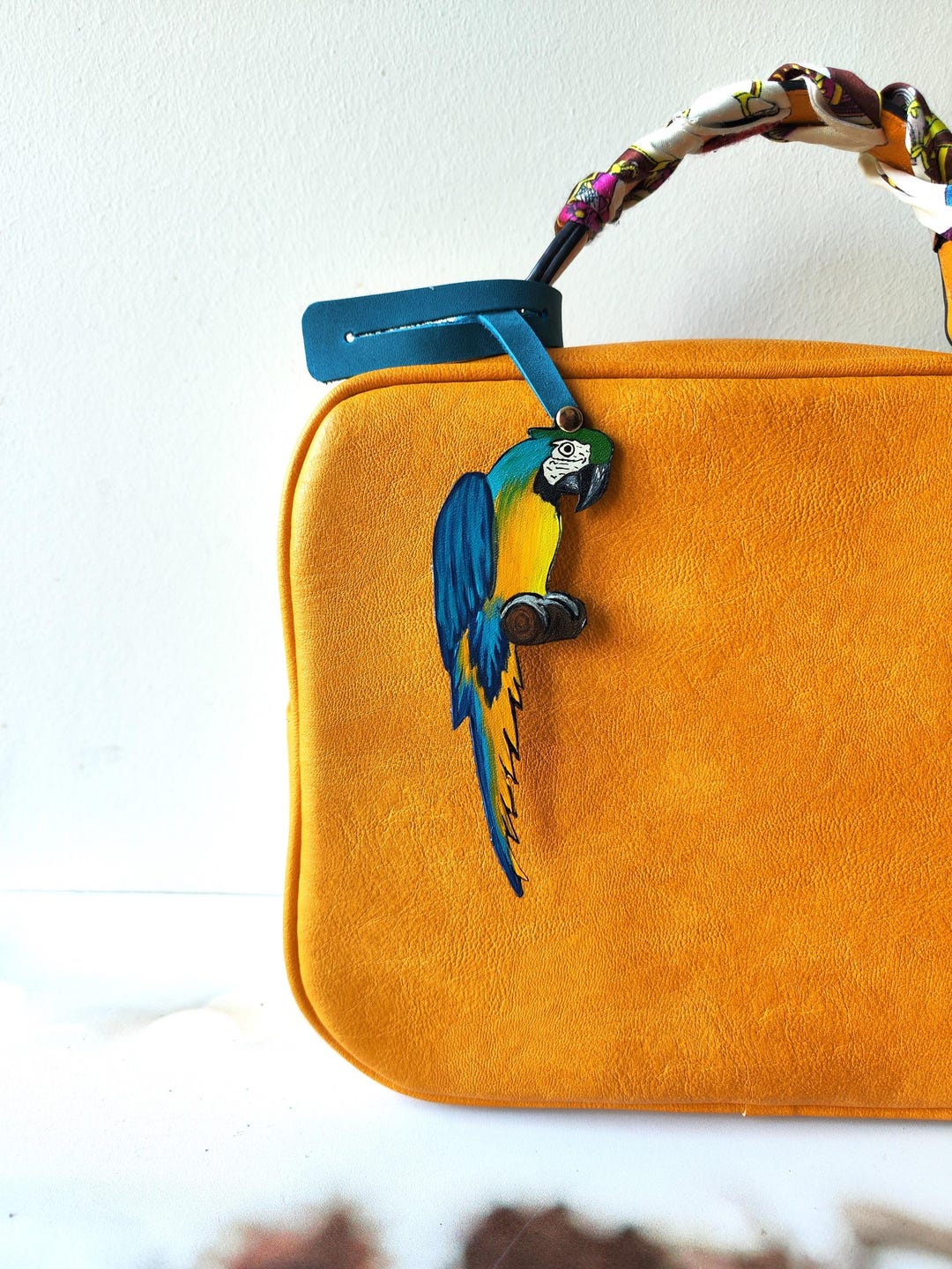 Handmade Leather Macaw Parrot Charm: Blue & Gold Handbag Accessory - Etsy