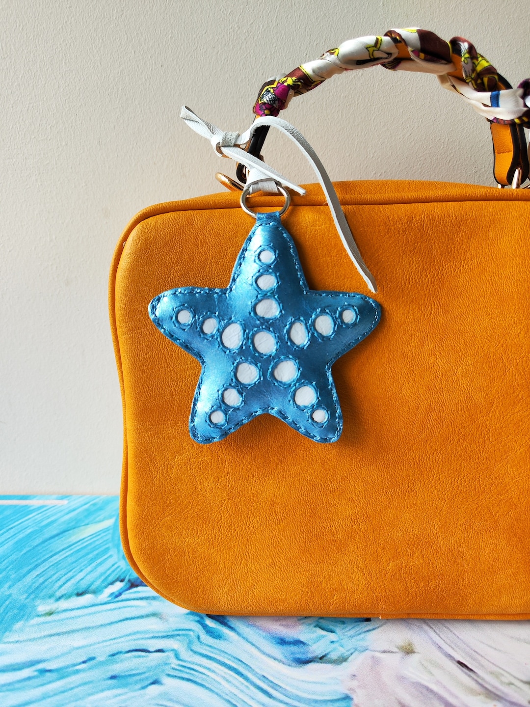 Handmade Metallic Blue Starfish Leather Bag Charm: Ocean Keychain - Etsy