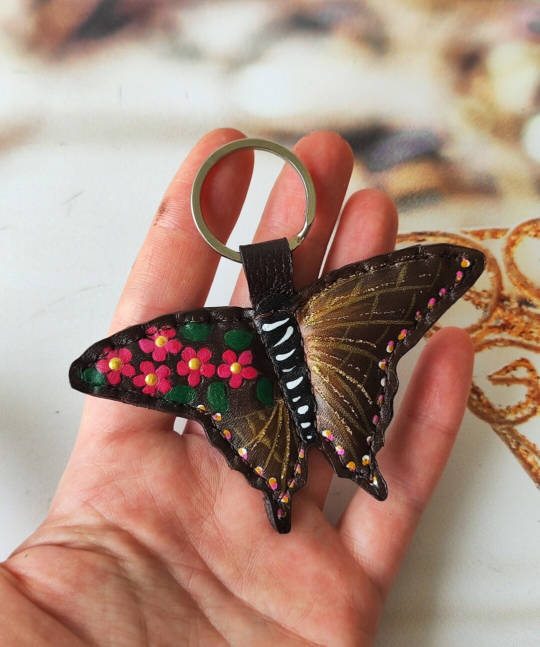 Leather Butterfly Key Ring Hand-painted Butterfly Keychain Key Fob ...