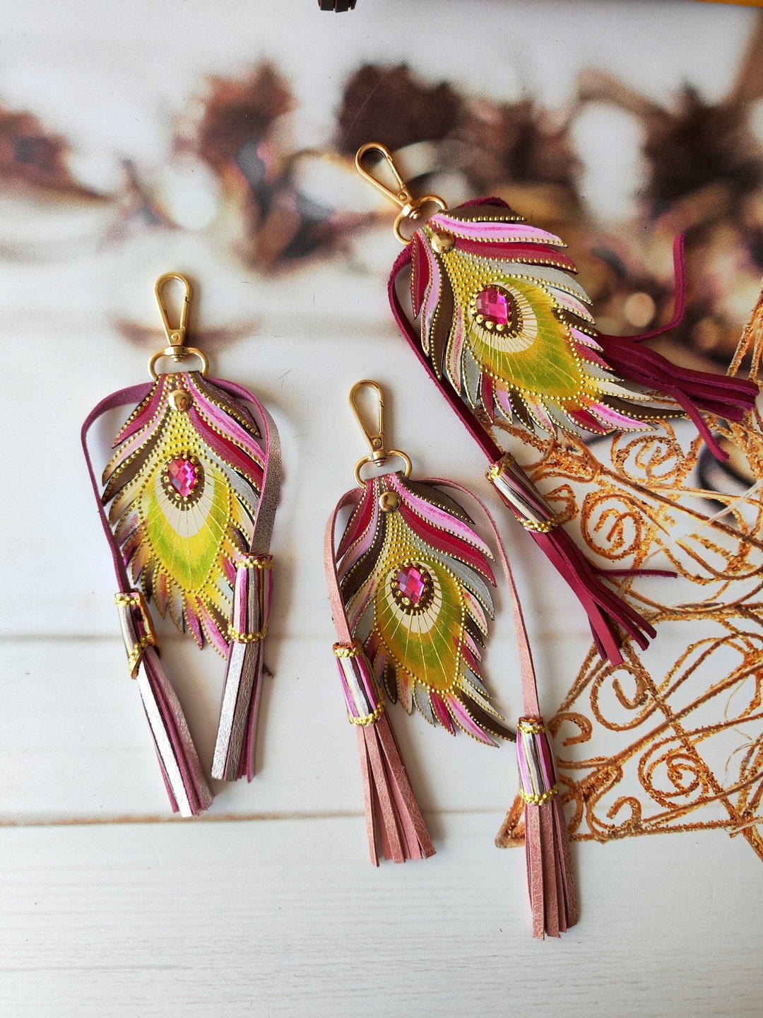 Handmade Leather Peacock Feather Charm: Pink Purse Charm With Crystal ...