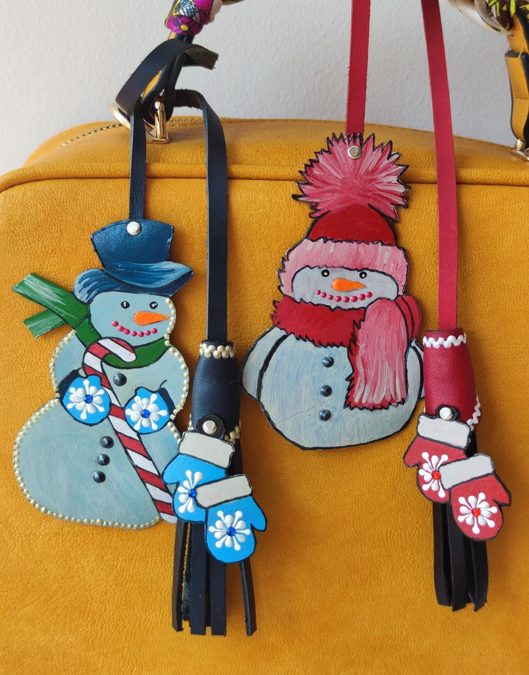 Snowmen Handbag Charm, Leather Snowman Ornament, Holiday Purse Charm ...
