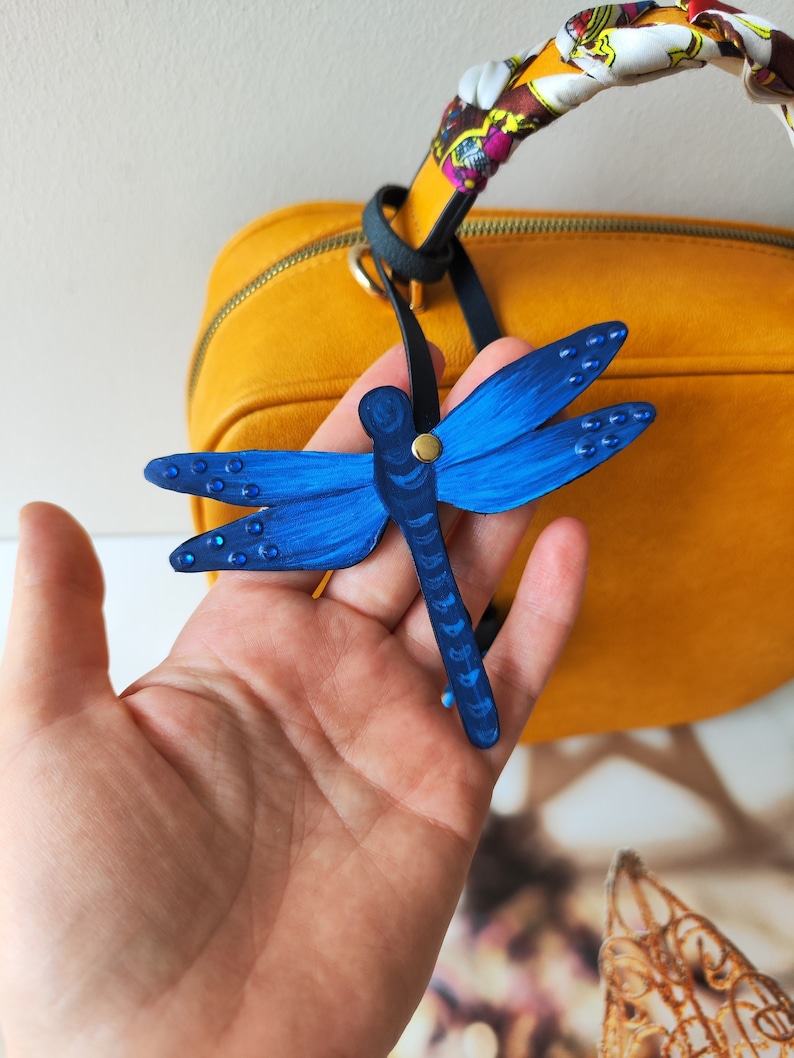 Hand-painted Leather Bag Charm: Blue Dragonfly & Butterfly Tassel - Etsy