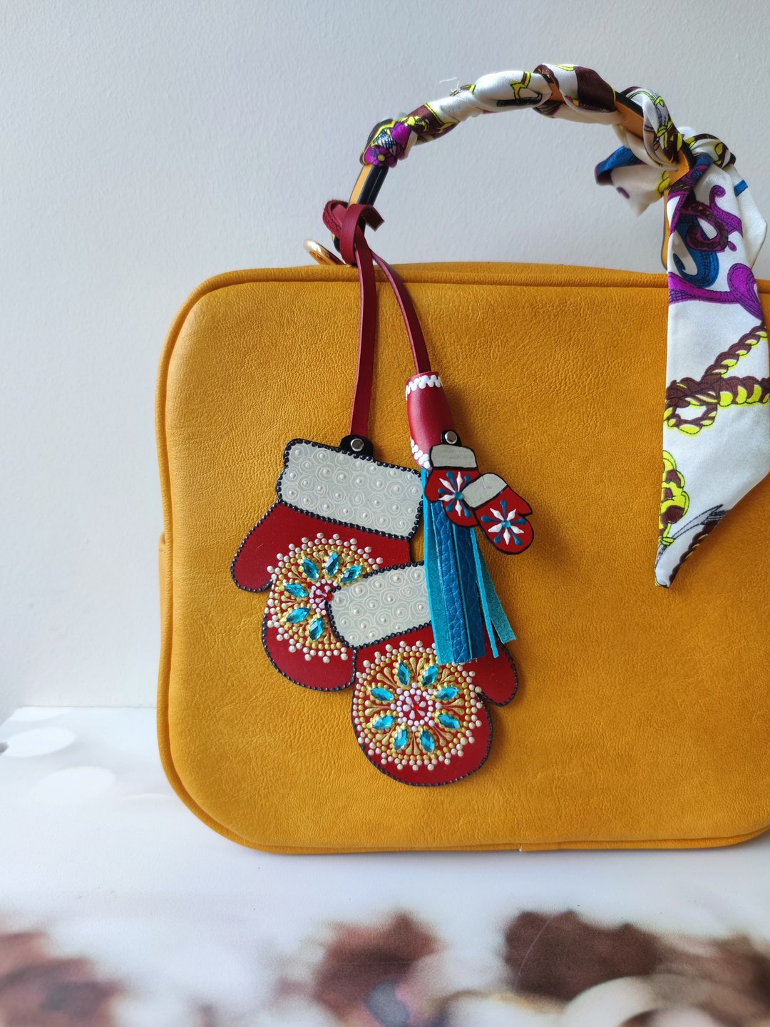 Christmas Blue Red Mittens With Mandala Bag Charm, Charm for Handbag ...