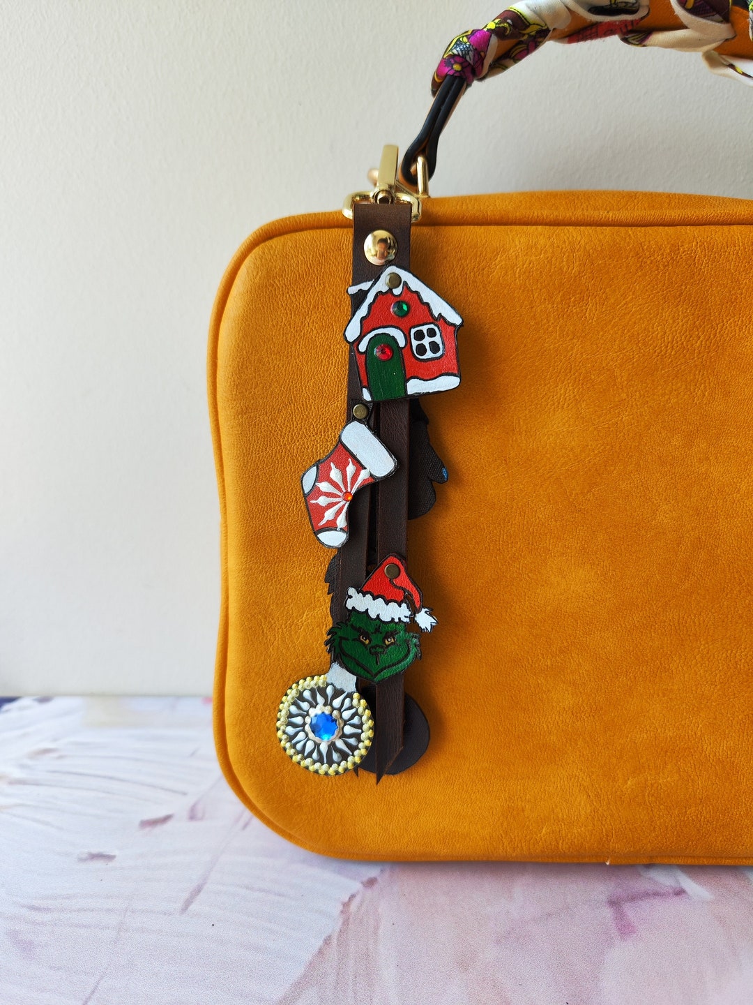 Christmas Leather Bag Charm, Holiday Purse Charm, Unique Hand-made ...