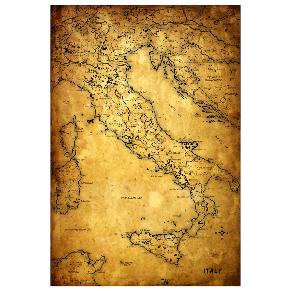 ITALY Map Print With Labels Paper or Canvas Mounted or | Etsy