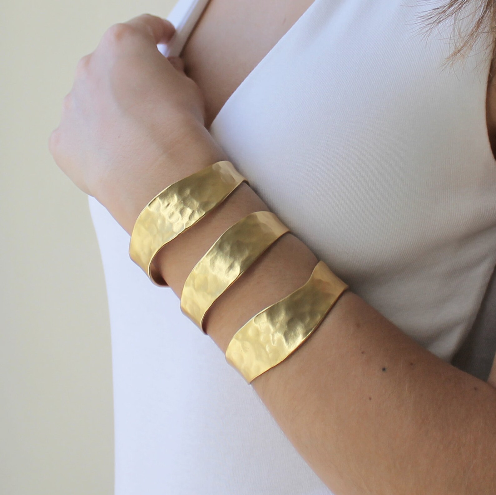 Three Rows Cuff Bracelet, 24KT Gold Overlay, Gold Bangle, Organic Shape ...
