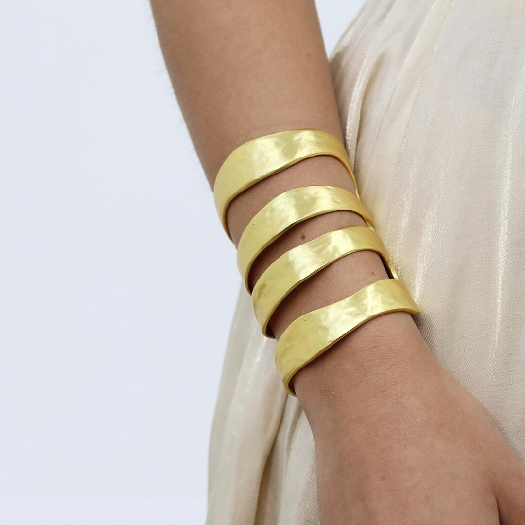 24KT Gold Overlay Four Row Cuff Bracelet, Adjustable Statement Jewelry ...