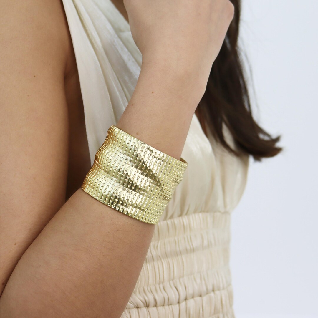 Chainmail Cuff Bracelet, 24KT Gold Overlay, Gold Bangle, Organic Shape ...