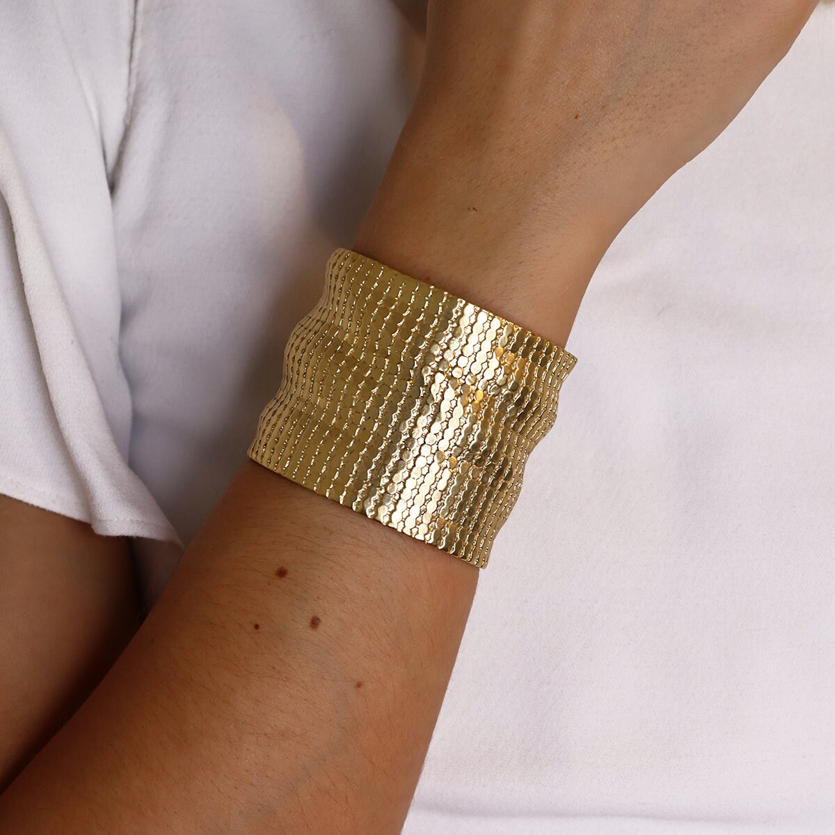Chainmail Cuff Bracelet, 24KT Gold Overlay, Gold Bangle, Organic Shape ...