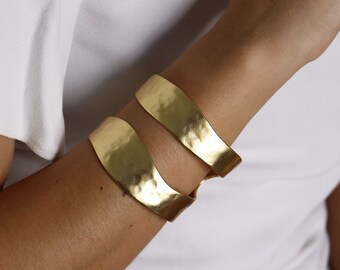 Three Rows Cuff Bracelet, 24KT Gold Overlay, Gold Bangle, Organic Shape ...