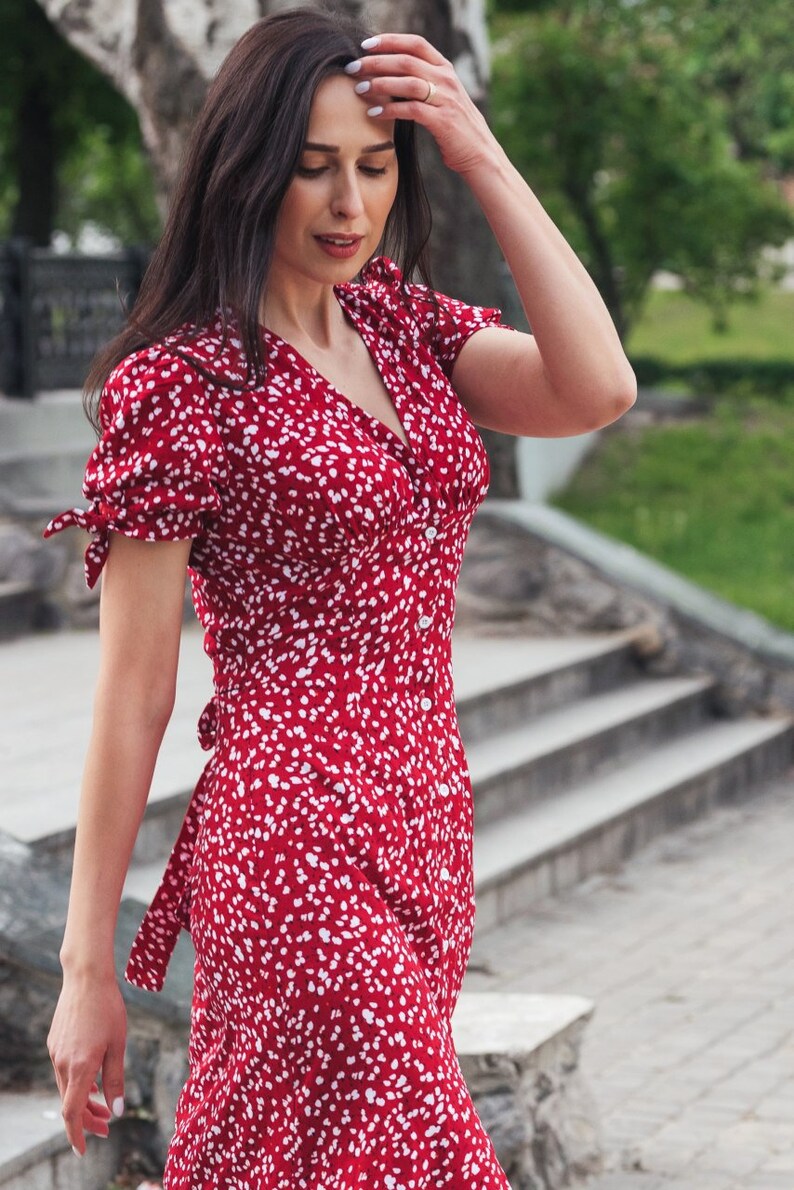 Button Front Midi Dress for Woman Red Cotton Summer Dress - Etsy