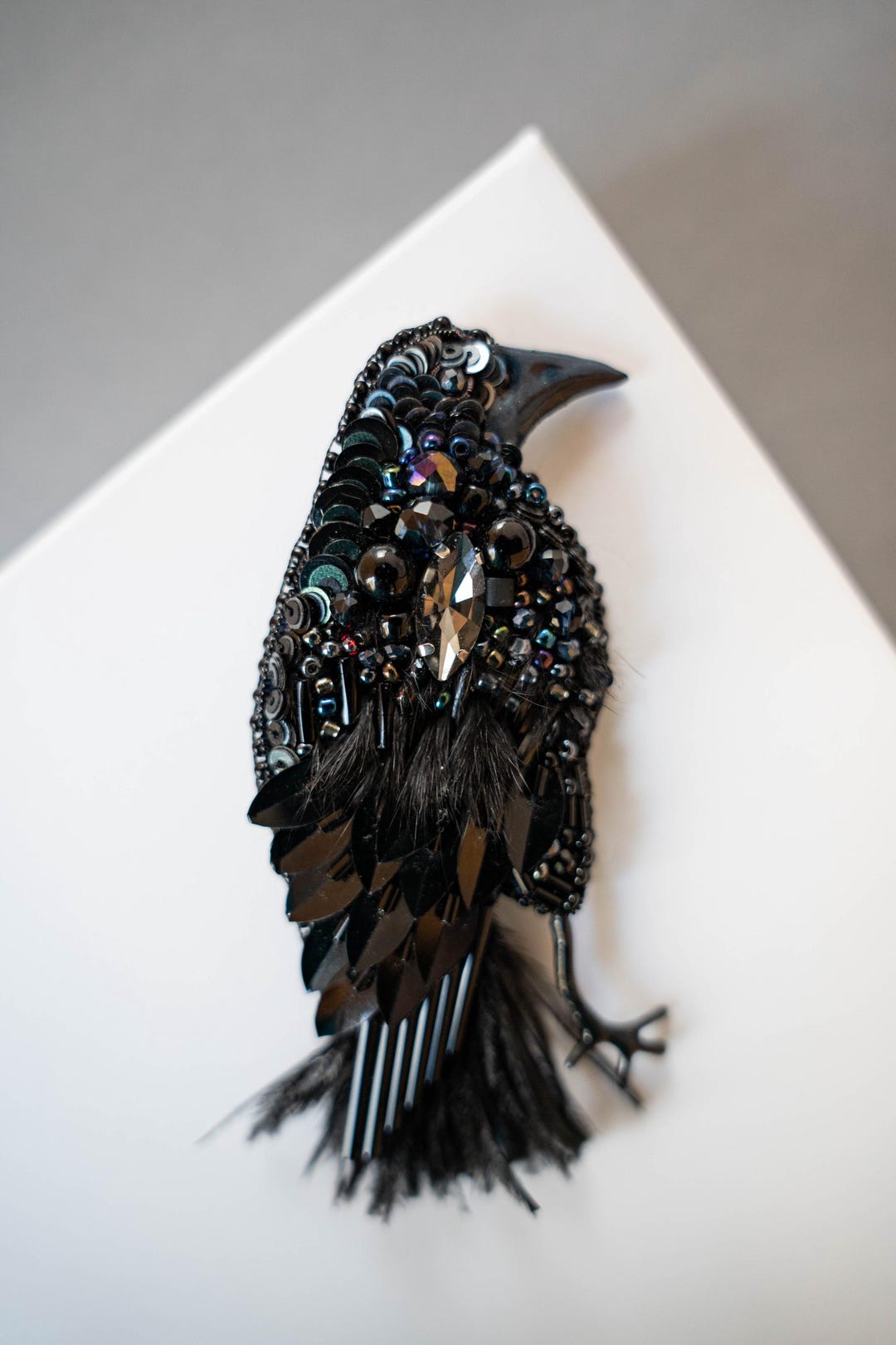 Raven Beaded Brooch – Handmade Bird Jewelry Gift, Sparkling Black Pin ...
