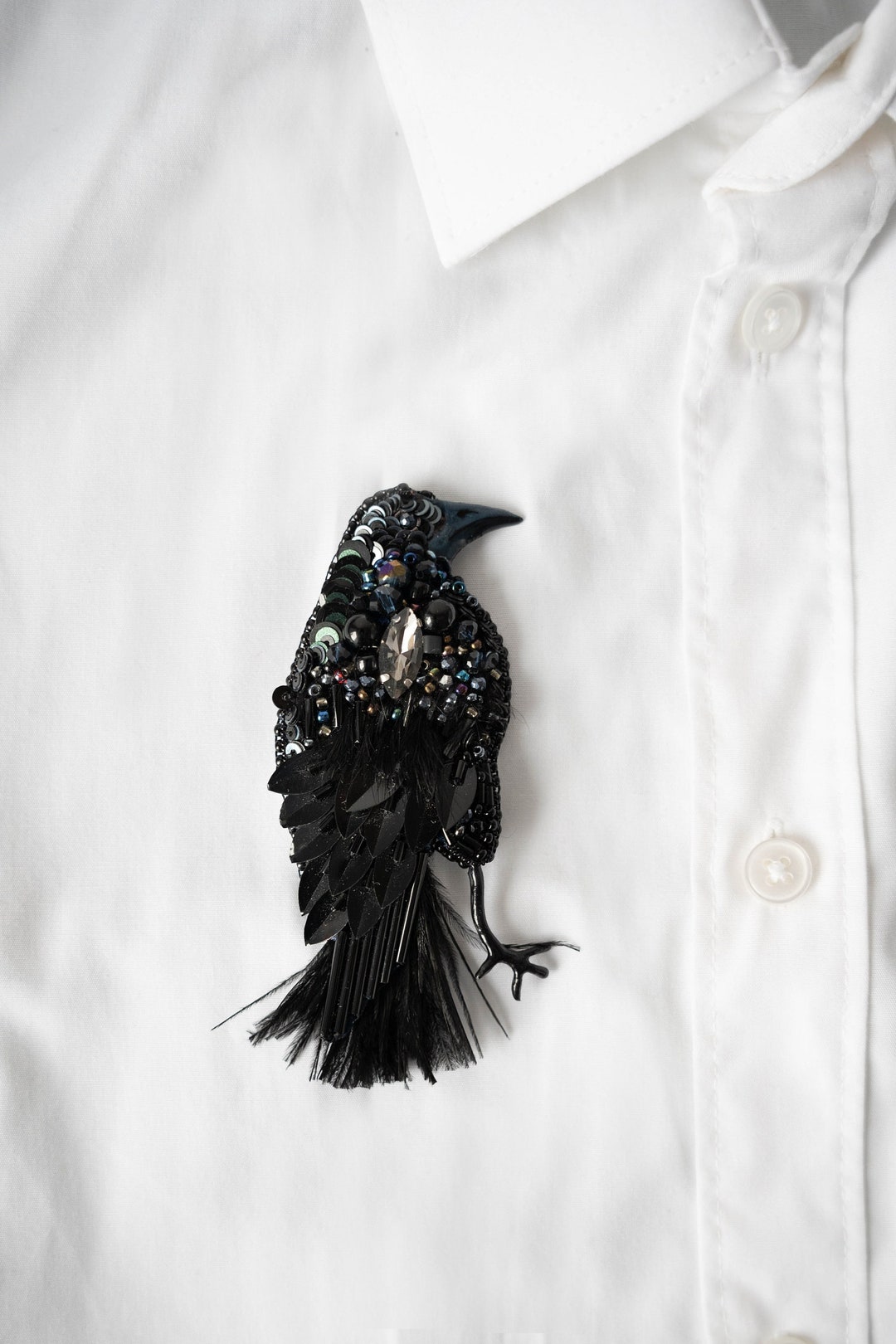 Embroidered Brooch Black Crow, Gothic Jewelry Black Raven, Large Brooch ...