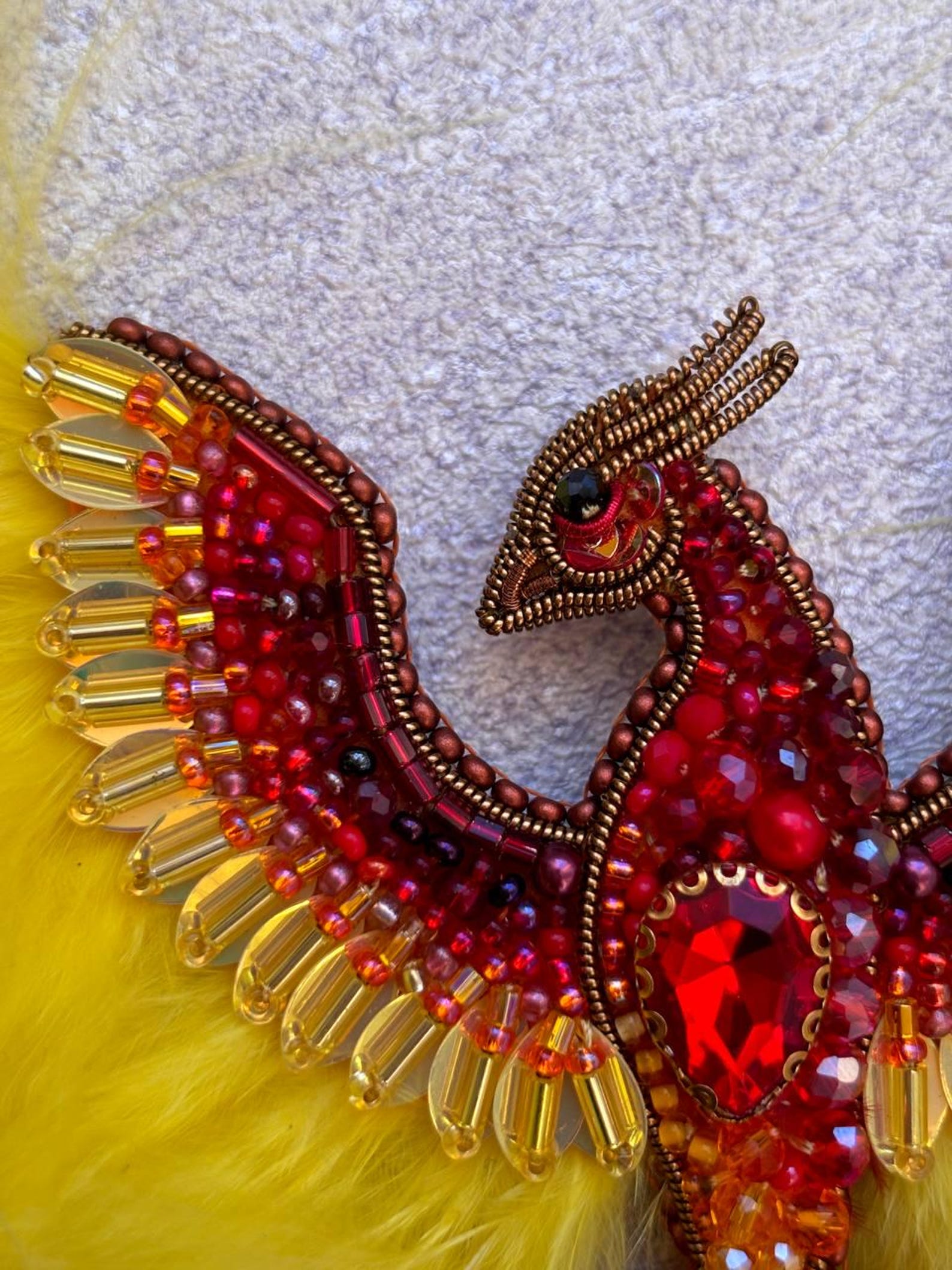 Majestic Phoenix Brooch - Handcrafted Beaded Bird Pin With Yellow ...