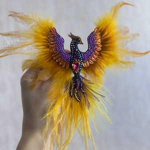 Majestic Phoenix Brooch - Handcrafted Beaded Bird Pin With Yellow ...