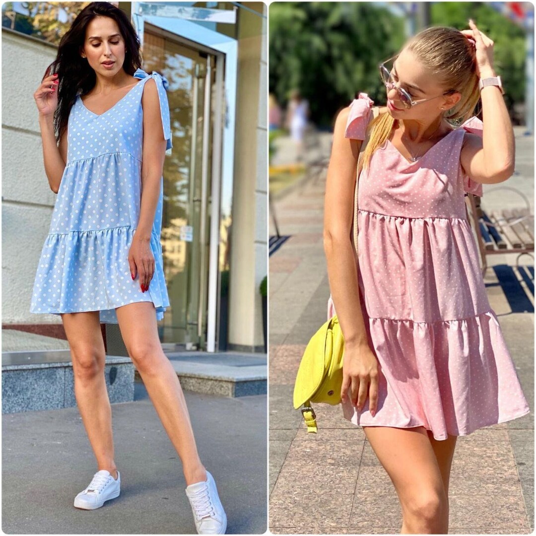 Light Blue Polka Dot Mini Sundress – Summer Tiered Dress With Shoulder ...