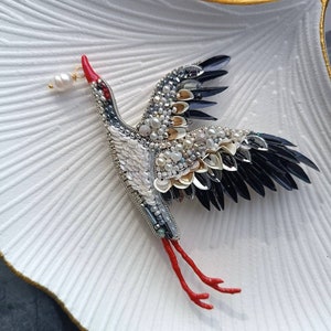 Beaded Stork Brooch Embroidered White Bird Pin Stork Jewelry Handmade ...