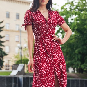 Button Front Midi Dress for Woman Red Cotton Summer Dress - Etsy