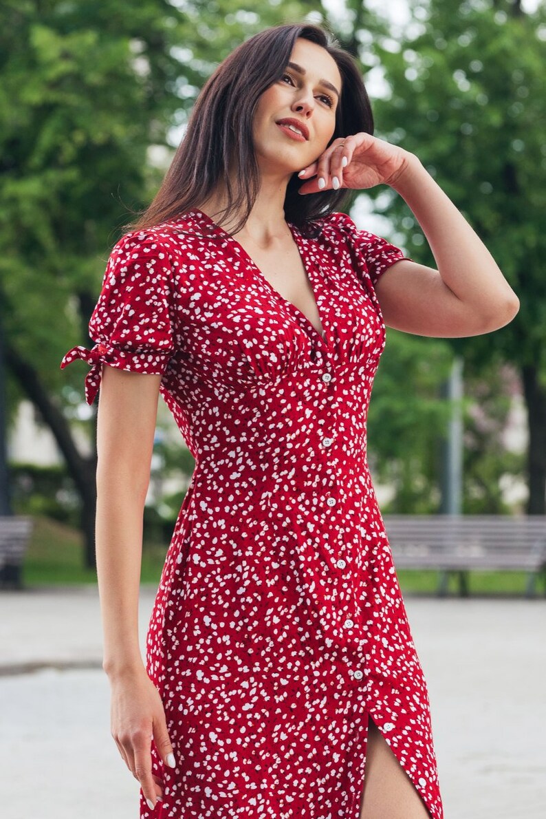 Button Front Midi Dress for Woman Red Cotton Summer Dress - Etsy